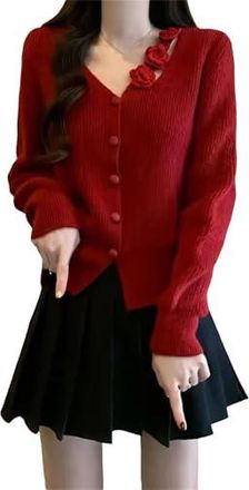 Generic Cardigan en tricot pour femme - Style cor&eacute;en - Style d&eacute;contract&eacute;, Rouge, Taille XS