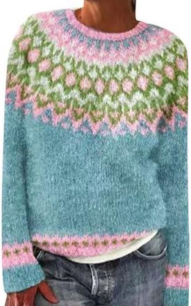 Generic Fair Isle Pull pour femme - Manches longues - Imprimé vintage islandais - Rétro - Doux - Chaud - Décontracté - Élégant - Automne Hiver - Vacances - Co