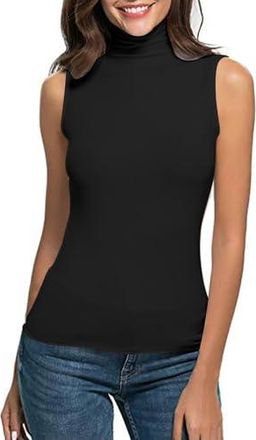 Generic Pull &agrave; col roul&eacute; sans manches pour femme - En coton basique - Sans manches - Avec col - T-shirt &agrave; manches longues - Couleur unie - Sans manches - Col 