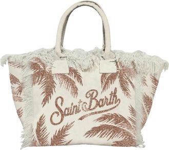 Saint Barth Femme, Sacs, Beige, Taille: ONE Size Borsa Vanity Grande &agrave; Main en Coton avec Imprim&eacute; Palmiers et Strass