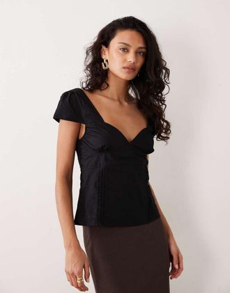 Motel Uliva - Korsett-Oberteil aus Popeline in Schwarz mit Fl&uuml;gel&auml;rmeln