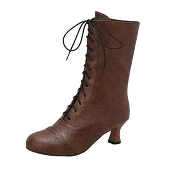 Generic Bottes &agrave; lacets pour femme - Bout rond - &Eacute;l&eacute;gantes - Style r&eacute;tro - Couleur unie - Similicuir - Confortables - Pour le bureau et les f&ecirc;tes, caf&eacute;, 36.5 