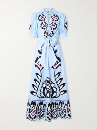 Farm Rio Maxikleid Aus Baumwollpopeline Mit Applikationen Und Wellenkante Zum Binden - Blau