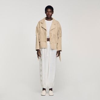 Sandro Blouson cuir su&egrave;de &agrave; franges