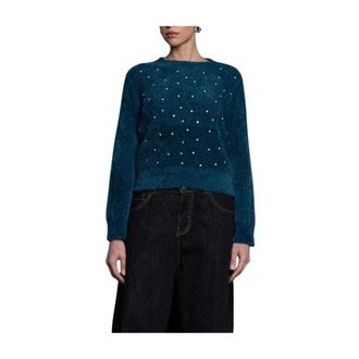 Kaos Kaos - Pull-over Sijlt003 &agrave; col rond en fausse fourrure avec clous - Femme - Pulls - Bleu - Taille: 40 FR