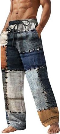 Generic Pantalon de plage dété pour homme, pantalon en lin pour homme, taille élastique, pantalon de plage en patchwork tendance, pantalon de plage confortabl