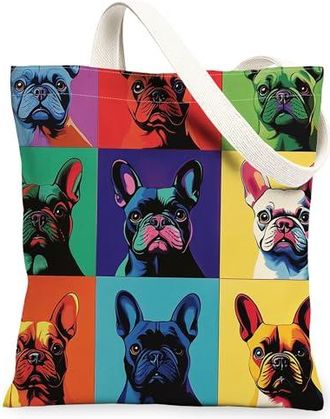 Generic Pop Art Sac fourre-tout en toile motif bouledogue fran&ccedil;ais 33 x 38 cm, motif chiot abstrait amusant et amusant pour femme, peinture esth&eacute;tique pour an