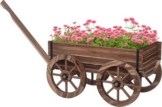 OUTSUNNY Blumenkasten im Holzwagen-Design, Pflanzenwagen mit Griff, Pflanzenkasten, Blumenst&auml;nder f&uuml;r Garten, Terrasse, bis 30 kg belastbar, Verkohlt, 120 x 41