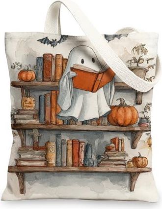 Generic Sacs fourre-tout en toile motif fantôme, sacs dépicerie réutilisables, vintage légers et lavables avec bandoulière, Blanc, 13x15 Inch