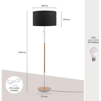 Paco Home Lampadaire Salon Scandinave Abat-Jour Tissu C&acirc;ble Textile Interrupteur E27 Noir (&Oslash;38 cm), Lampadaire blanc/bois - Paco Home
