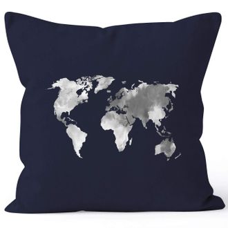 Autiga Kissenbezug Weltkarte Wasserfarben Watercolor World Map Kissen-H&uuml;lle Deko-Kissen Baumwolle Navy Unisize