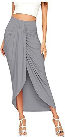 Generic Jupe asym&eacute;trique pour femme, taille haute, jupe midi drap&eacute;e fluide, tenue de bureau, couleur unie, jupe trap&egrave;ze, gris, S