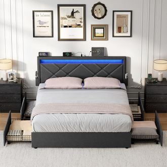 Vasagle Doppelbettgestell, Bettgestell, 180 x 200 cm, LED, Metallbett, 4 Schubladen, Ladestation, verstellbares gepolstertes Kopfteil, dunkelgrau RMB825GN02