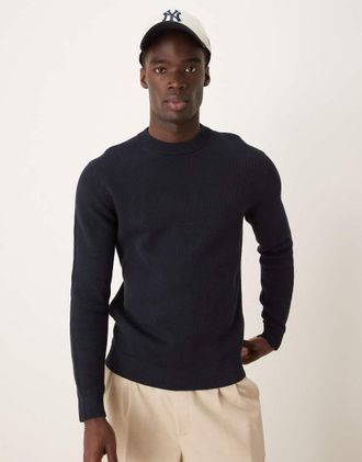Selected Pull ras de cou en maille 100 % coton - Bleu marine