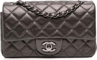 Chanel mini sac à bandoulière rectangulaire Single Flap en cuir de veau métallisé (2013-2014) - Gris