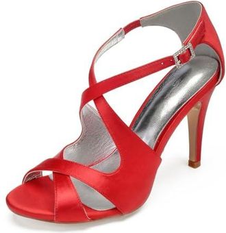 Generic Escarpins Femme Bout Ouvert Mari&eacute;e Btide Cheville Boucle Satin Stylet Sandales Chaussures De Mariee Bal Dress F&ecirc;te 10.5Cm,Rouge,39 EU