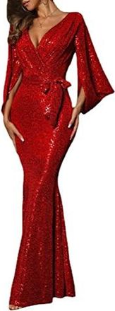 ORANDESIGNE Robe de Soirée Paillette Femmes Sexy Col en V Brillantes Maxi à Manches Longues Mode Chic épaules Cocktail Soiree D Rouge 34
