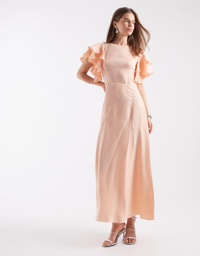 Maxikleid in Pfirsichrosa mit R&uuml;schen&auml;rmeln-Orange