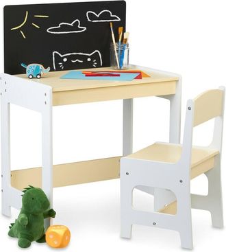 Relaxdays Relaxdays - mobilier enfants bureau & chaise, table avec tableau, pour peindre et bricoler, lot pour petits, blanc - beige