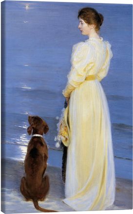 Posterlounge Sommerabend in Skagen, die Frau des Künstlers mit Hund Leinwandbild von Peder Severin Krøyer 40 x 60 cm Blau Wandbilder Wanddeko