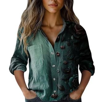 Generic Chemisier &agrave; manches 3/4 pour femme - Avec boutons - Col en V - Boutonn&eacute; - Style vintage - Boho - Chemise florale - Chemise d&eacute;t&eacute; d&eacute;contract&eacute;e - Chemise