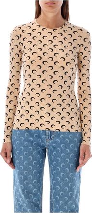 Marine Serre Femme, Tops, Beige, Taille: 42 FR Moon Print Crew Neck Top