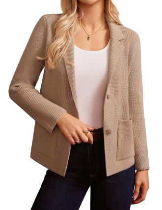 Grace Karin Damen Elegant Strickblazer Reverskragen Strickjacke Cardigan mit Knöpfen Business Casual Jacke Khaki M