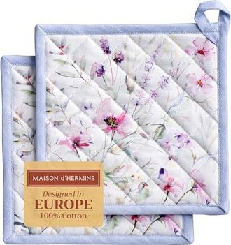 Maison d'Hermine Lot de 2 maniques de P&acirc;ques 100 % coton (20 x 20 cm), r&eacute;sistantes &agrave; la chaleur, avec support de pot &agrave; noeud pour p&acirc;tisserie, barbecue, maison, fleurs 