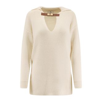 Elisabetta Franchi V-Ausschnitt Pullover mit Leder Taillenband - - Knitwear - Damen - Wei&szlig; - M