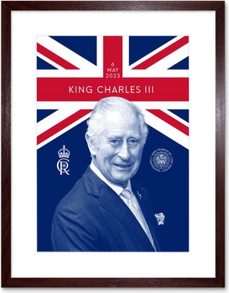Artery8 King Charles III Coronation Reigning Under The Union Flag Royal Crest Emblem Artwork Framed Wall Art Print 9X7 Inch