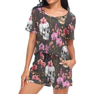 Mnsruu Ensemble de pyjama à manches courtes pour femme, motif crânes, orchidées roses, squelette, vêtements de nuit, Multicolore 7, XXL Taille courte