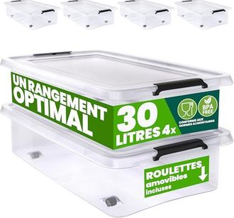 Deuba 4X Bo&icirc;te de Rangement 30L en Plastique Transparent empilable sans BPA Gain de Place Caisse de Rangement roulettes