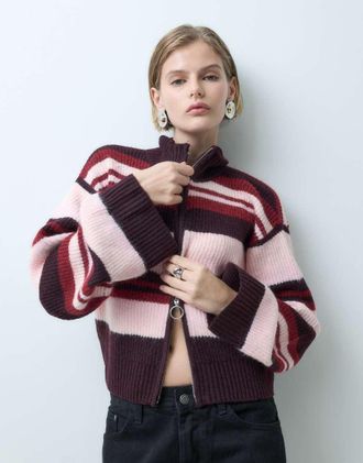 Miss Selfridge Cardigan mit Rei&szlig;verschluss und Stehkragen in Streifenoptik-Multi