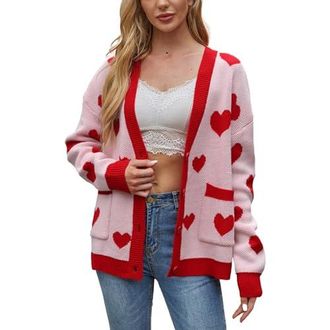 Generic Cardigan &agrave; manches longues ouvert sur le devant pour femme - Tricot en forme de coeur - Col en V boutonn&eacute; - Pull surdimensionn&eacute; l&eacute;ger et d&eacute;contract&eacute; p