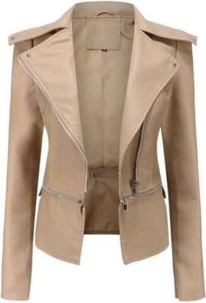 Generic Veste de motard en similicuir &agrave; manches longues et fermeture &eacute;clair pour femme, abricot, 4XL