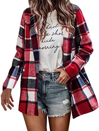 Generic Vestes pour femmes 2026 en flanelle &agrave; carreaux l&eacute;gers et fins, chemises raglan &agrave; manches longues boutonn&eacute;es sur la poitrine avec poches poitrine cardi