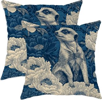 Generic Kissenbezüge mit Erdmännchen-Motiv, marineblaue Pfingstrosen, dekorativ, quadratisch, Tierdruck, Kissen für Zuhause, Sofa, Couch, Dekoration, 40,6 x 4