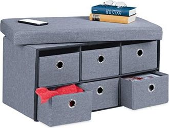 Relaxdays Sitzbank, Stauraum in 6 Schubladen, bequemes Sitzpolster, Faltbare Sitzkommode, HxBxT: 39 x 76 x 38 cm, grau