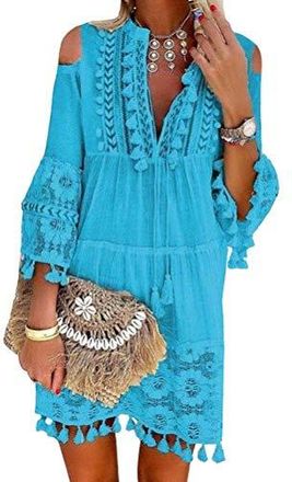 Minetom Robe Été Femme de Plage Rétro Robes Col V Lâche Manches Longues Bohème A-Line Gland Mini Robe Dentelle Floral Robe de Cocktail B Bleu 38
