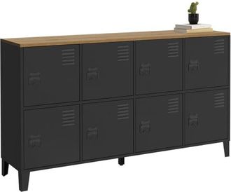 IDMarket Buffet casier 139 cm Ester 8 Portes en m&eacute;tal Noir Plateau Bois Design Industriel