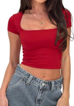 Onsoyours Femme T-Shirts à Manches Courtes Haut Col Carré Slim Fit Haut Court Crop Ajust Basic Y2k Tops Cropped Shirt Couleur Uni Sexy Chic Basique dété Top A R
