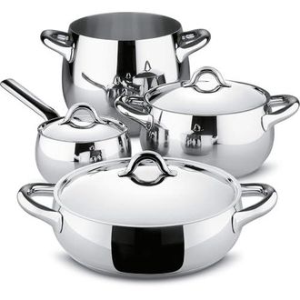 Alessi SG100S7 Mami Topf, Kasserolle mit zwei Griffen, Flache Kasserolle mit zwei Griffen, Stielkasserolle, Deckeln