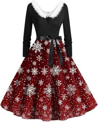 Generic Robe amincissante pour femme, automne/hiver, col en V, col en V, coupe ajust&eacute;e, grande robe trap&egrave;ze, Rouge, 3XL