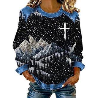 Generic Sweats chr&eacute;tiens pour femme tendance religieuse foi J&eacute;sus croix graphique tops gaufr&eacute;s denim patchwork pulls surdimensionn&eacute;s l&eacute;gers blocs de couleurs 