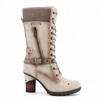 Infinity Leather Bottes de Combat &agrave; Lacets et Talons Mi-Mollet Blanc Cr&egrave;me Pour Femme Mustang