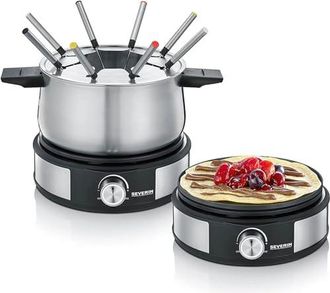 Severin Fondue-Crêpes-Kombination, spülmaschinengeeignetes Fondueset mit 8 farblich markierten Gabeln, Fondue-Crêpes Maker-Kombi aus Edelstahl, schwarz, FO 24
