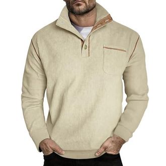 Generic Sweat-shirt Henley en velours côtelé pour homme avec col en V boutonné 1/4 - Pull thermique à manches longues en velours côtelé - Pull dhiver chaud, b