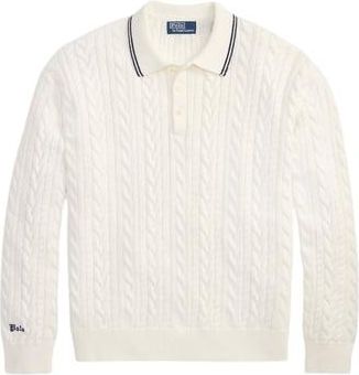 Polo Ralph Lauren Pull &agrave; col polo en maille torsad&eacute;e de coton et lin