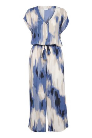 Kaffe Damen, V-Ausschnitt, Kurze &Auml;rmel, abgeschnittene L&auml;nge, breite Beintaschen Jumpsuit, Blue Abstract Print, 44