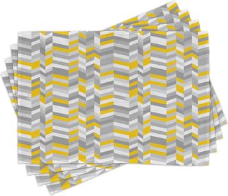 Abakuhaus Grau und Gelb Platzmatten 8 Stück, Geometrische Vintage 60s Home Muster inspiriert Fischgrat Zig Zag Linien, Waschbare Stoff Esszimmer Küche Tischdeko